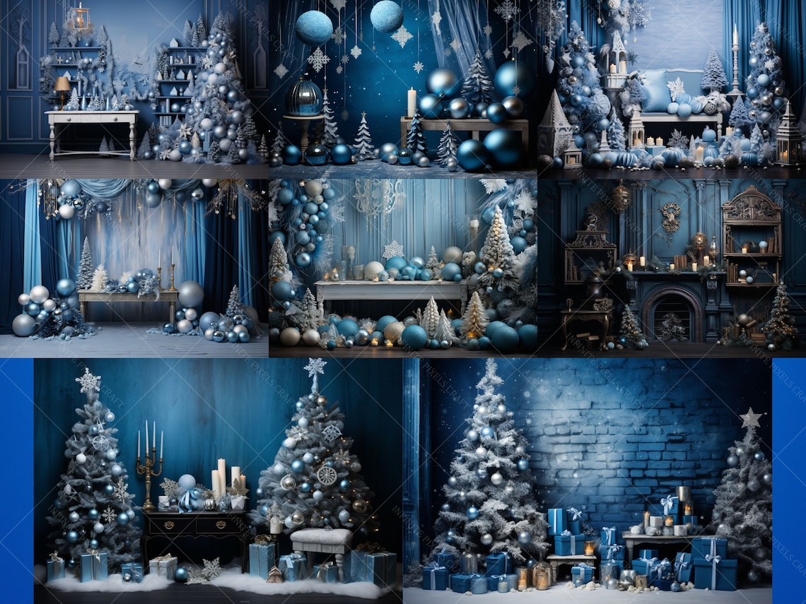 BLUE CHRISTMAS BACKDROPS, 26 Digital Backgrounds Bundle, Holiday Season ...