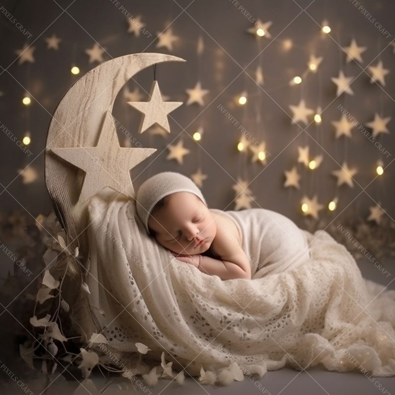 NEWBORN CRESCENT MOON Digital Backdrop, Twinkle Star Lights, Beige Cozy ...