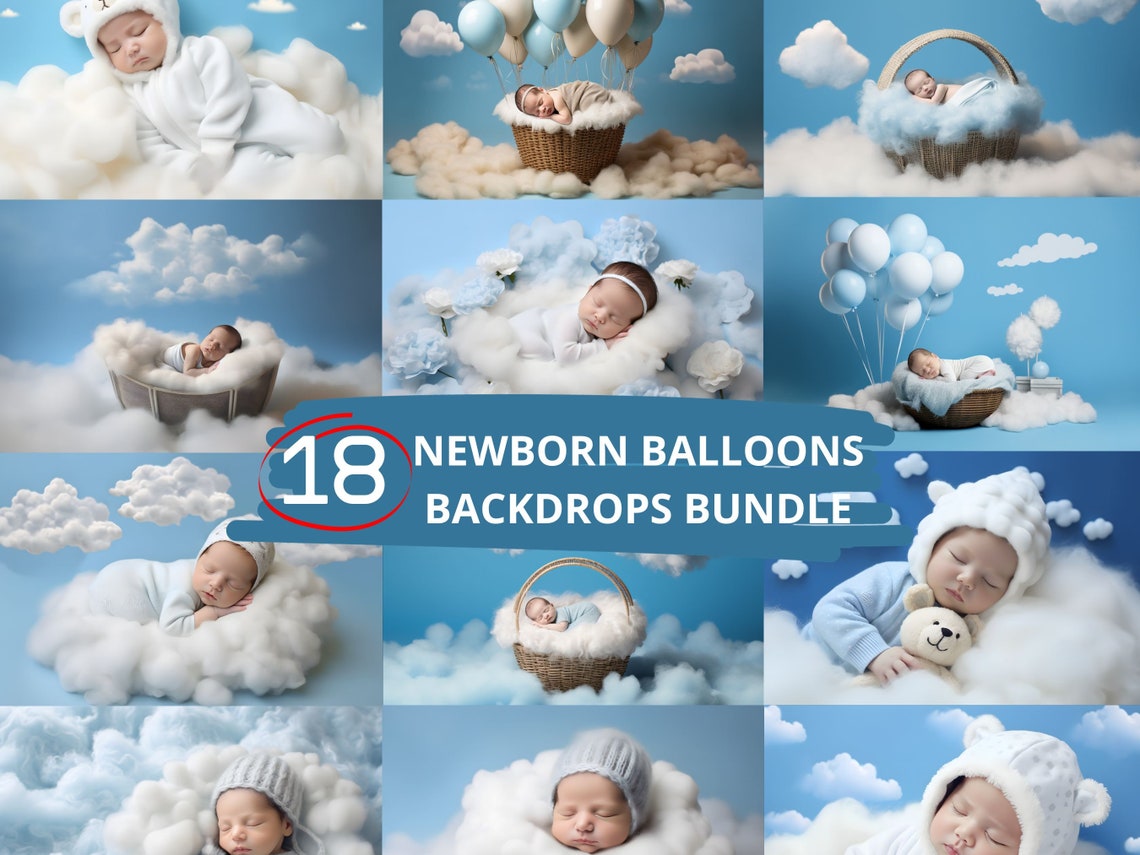 BLUE BALLOONS NEWBORN Bundle, 18 Digital Backdrops, Clouds Baby Shower ...
