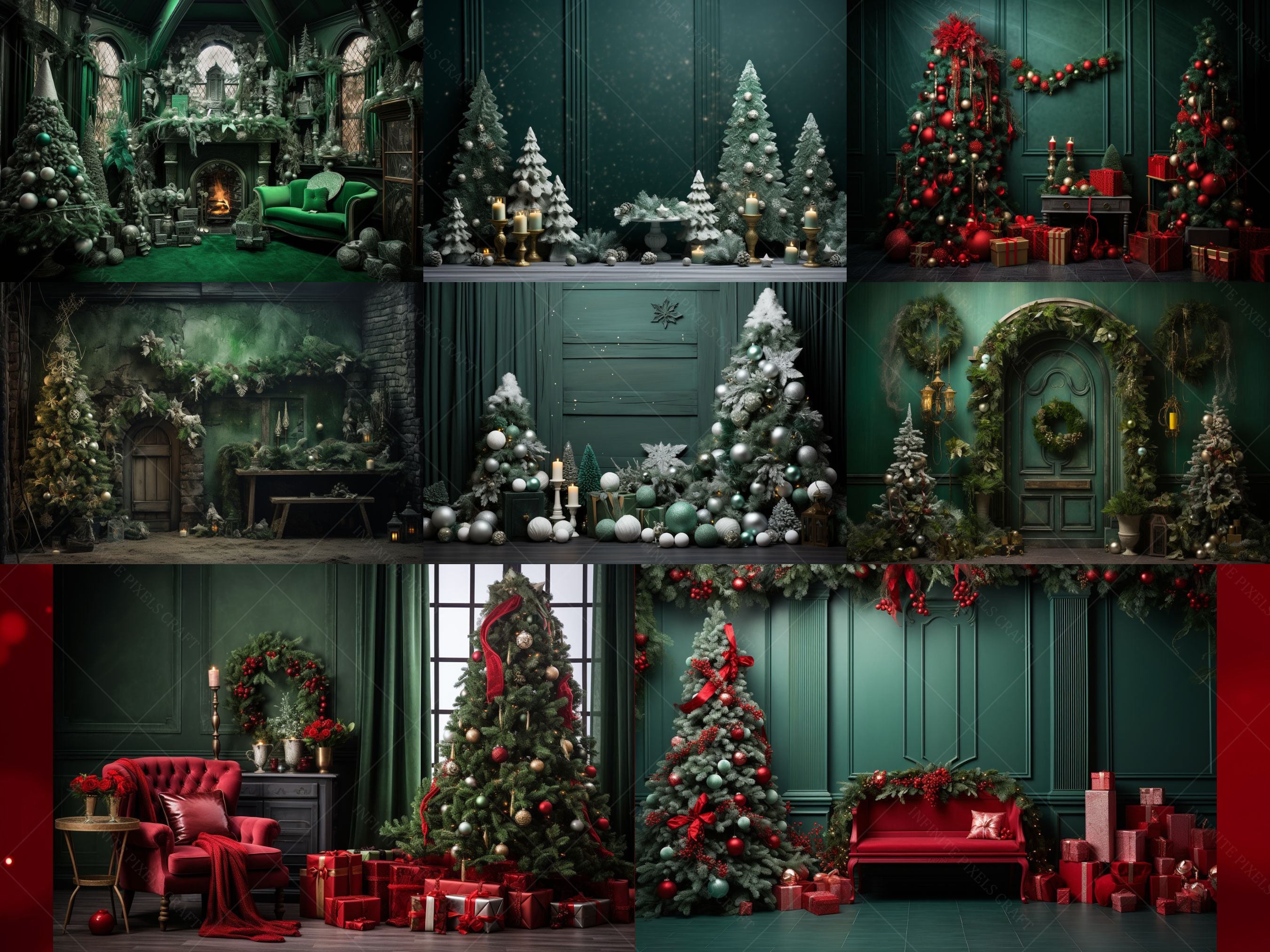 GREEN CHRISTMAS BACKDROPS, 31 Green and Red Digital Backgrounds, Family ...