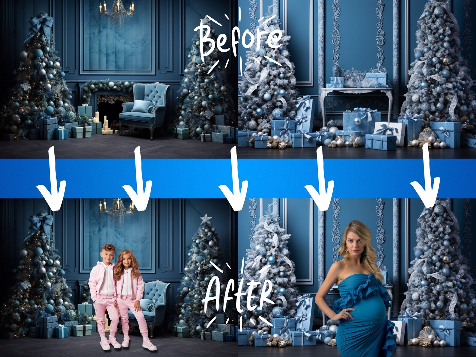 BLUE CHRISTMAS BACKDROPS, 26 Digital Backgrounds Bundle, Holiday Season ...