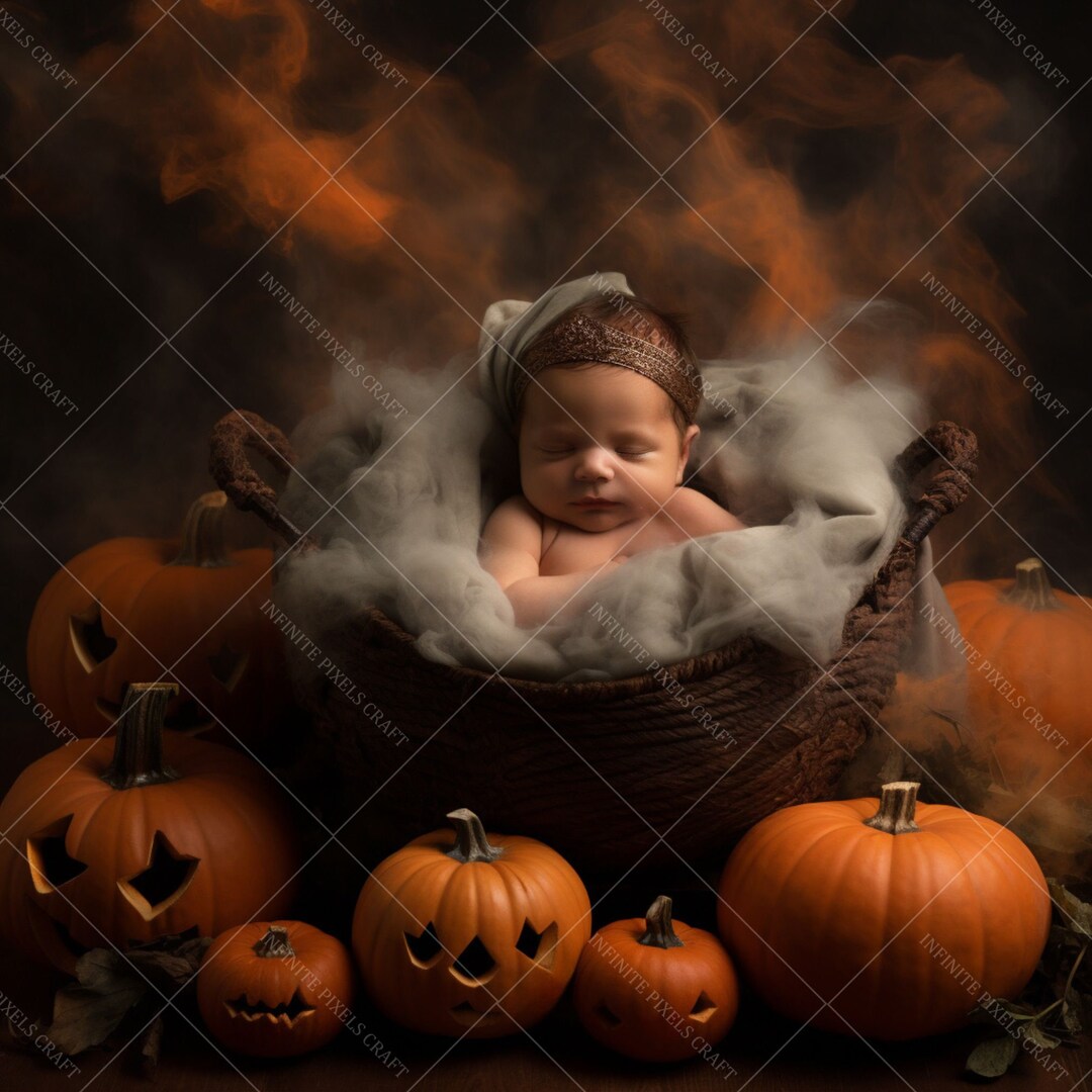 NEWBORN HALLOWEEN Smoke Digital Backdrop, Orange Pumpkins, Newborn ...