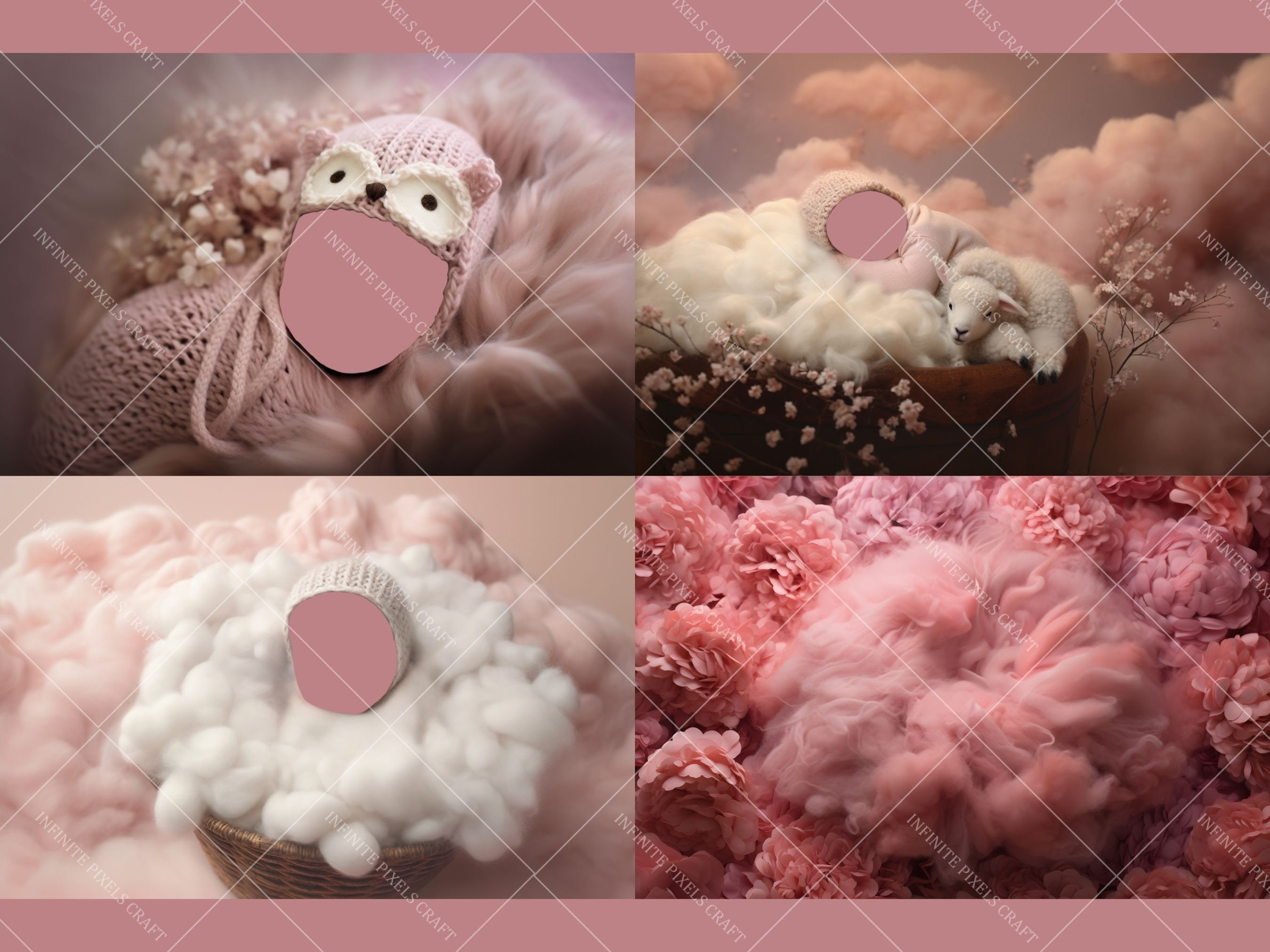 PINK CLOUDY NEWBORN Bundle, 19 Digital Backdrops, Face Insert Newborn ...