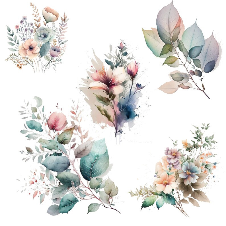 60 Pastel Watercolor Flowers PNG, Floral Clipart Bouquets, Leaves ...