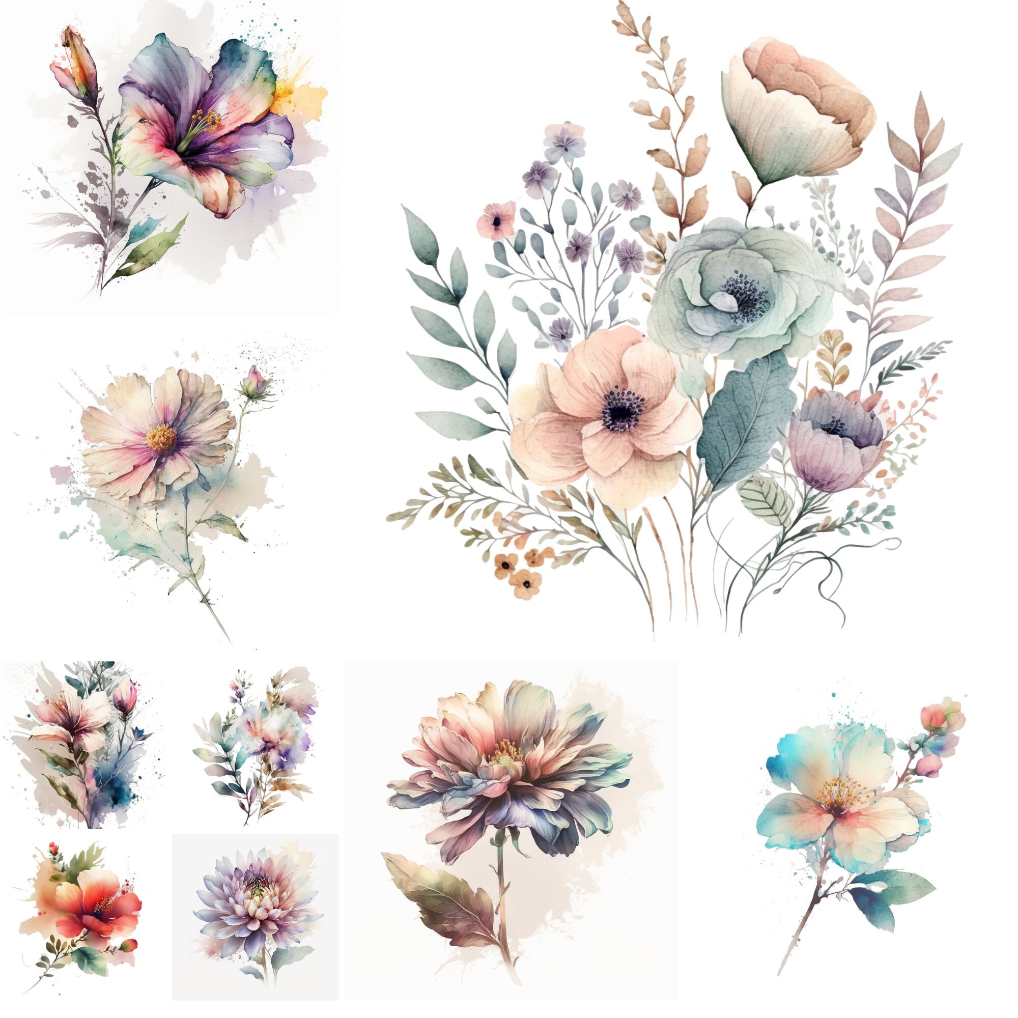 60 Pastel Watercolor Flowers PNG, Floral Clipart Bouquets, Leaves ...