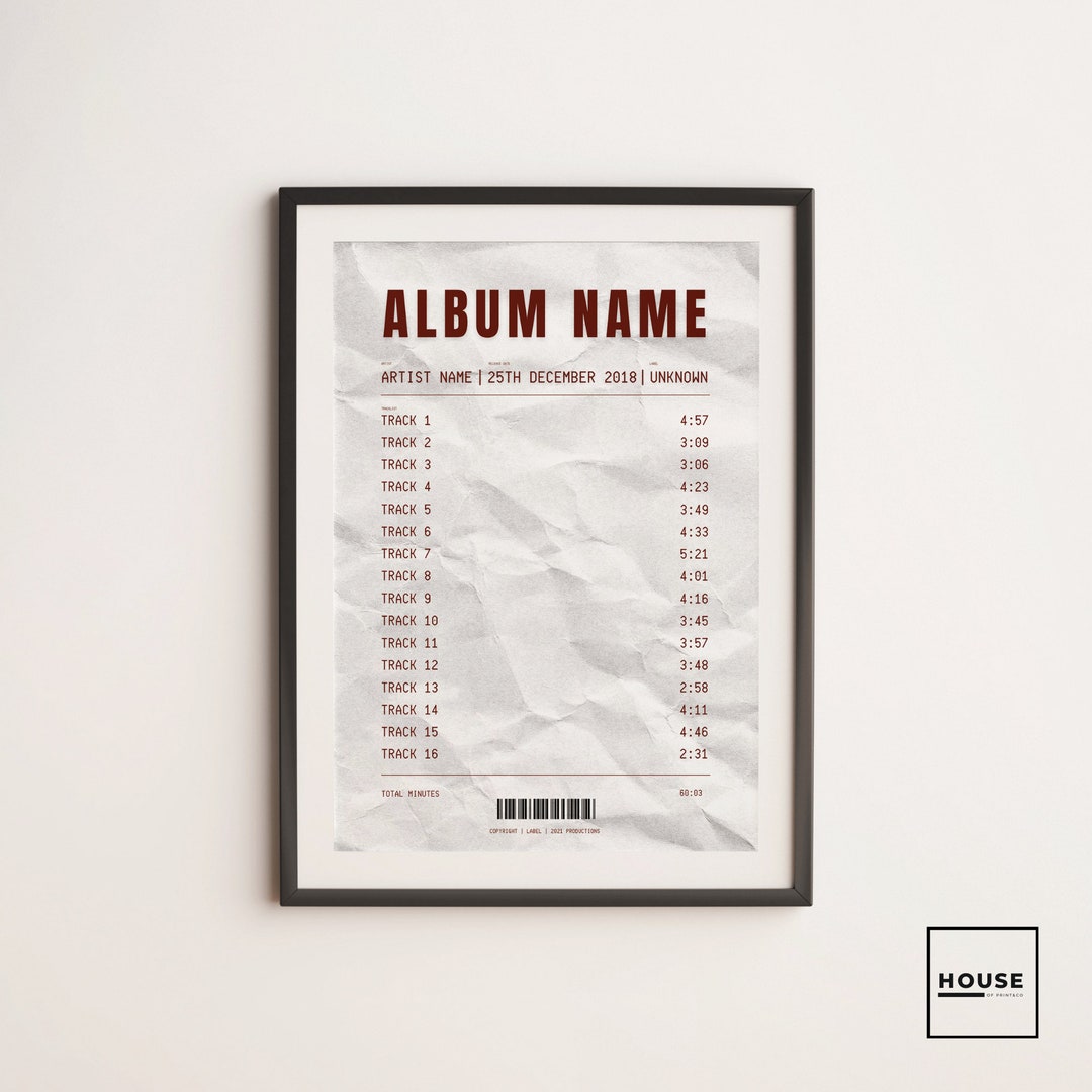 Custom Album Receipt Print Music Poster Personalised Wall Art Album ...