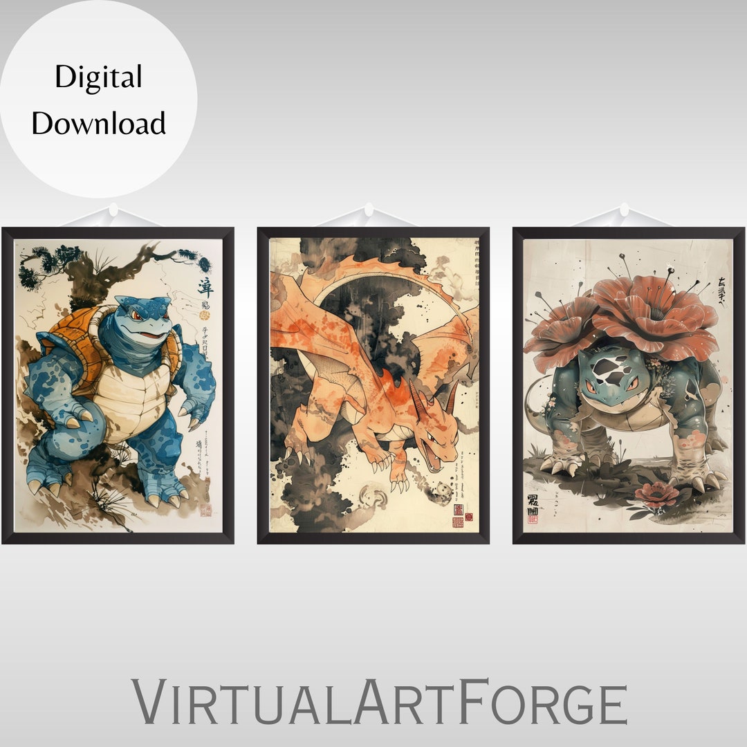 Pokemon Ukiyo-e Prints, Pokemon Japanese Woodblock, Kanto Starter ...