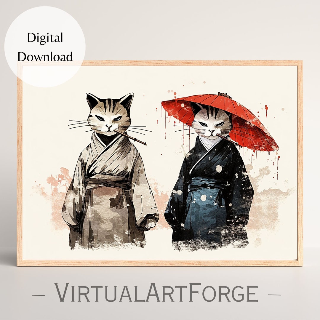 Cat Samurai Print Traditional Japanese Cat Painting Vintage - Etsy