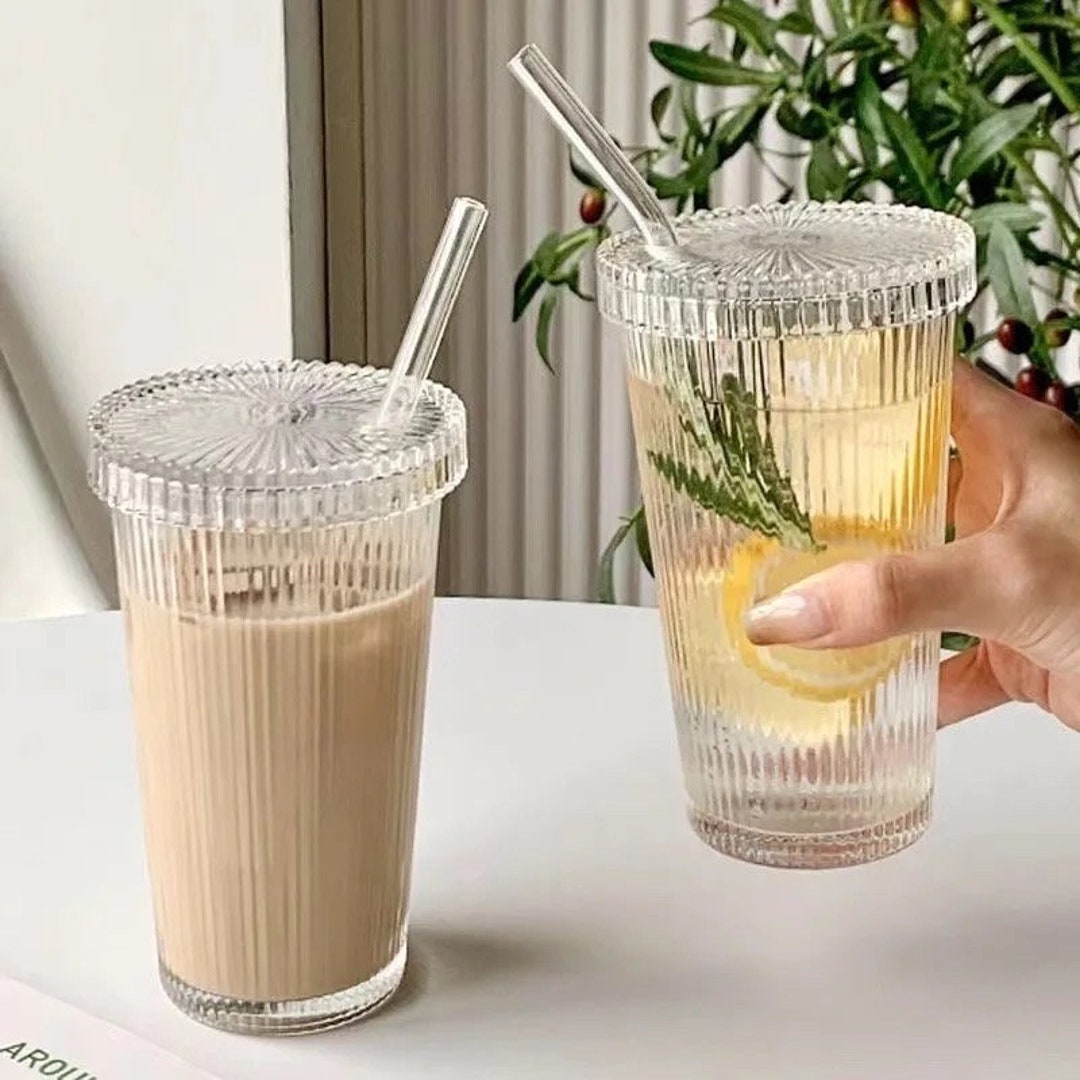 Ribbed Glass Cup With Lid and Straw, Coffee Cup, Iced Coffee Glass Cup ...