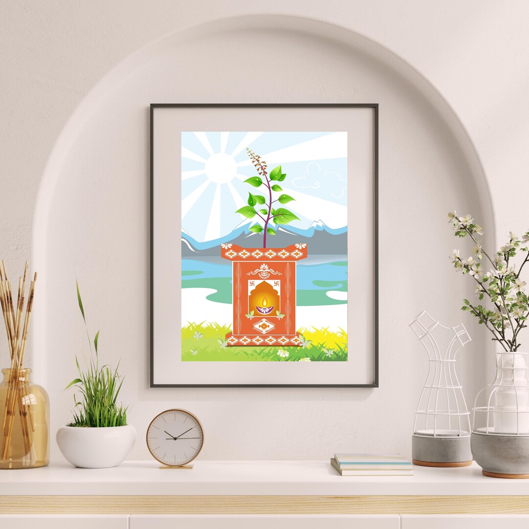 Tulsi Plant Art, Indian Hindu Wall Art, Print Holy Basil, Tulsi Plant ...