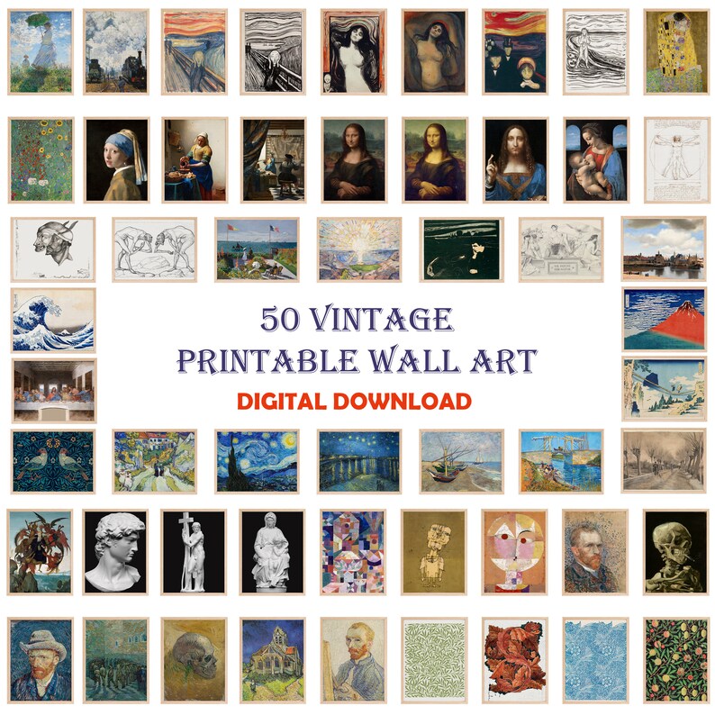 50 Vintage Print Set, William Morris, Claude Monet, Van Gogh, Da Vinci ...