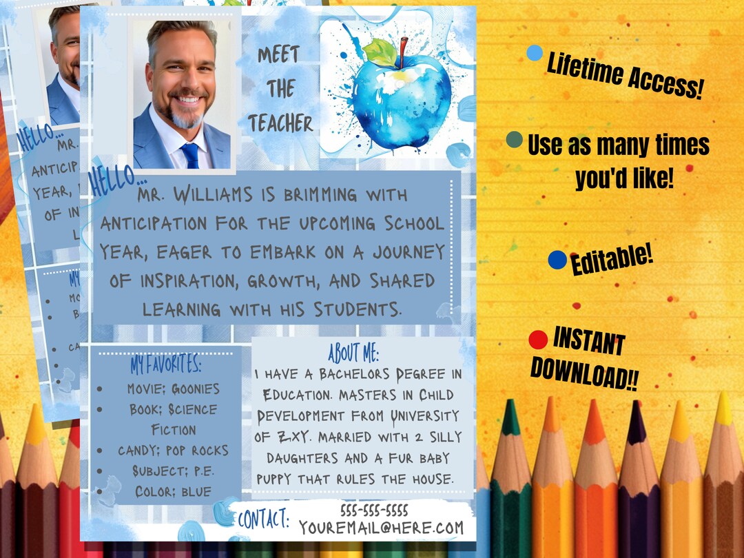 Meet the Teacher MALE Classroom Printable Template, Teacher Intro ...