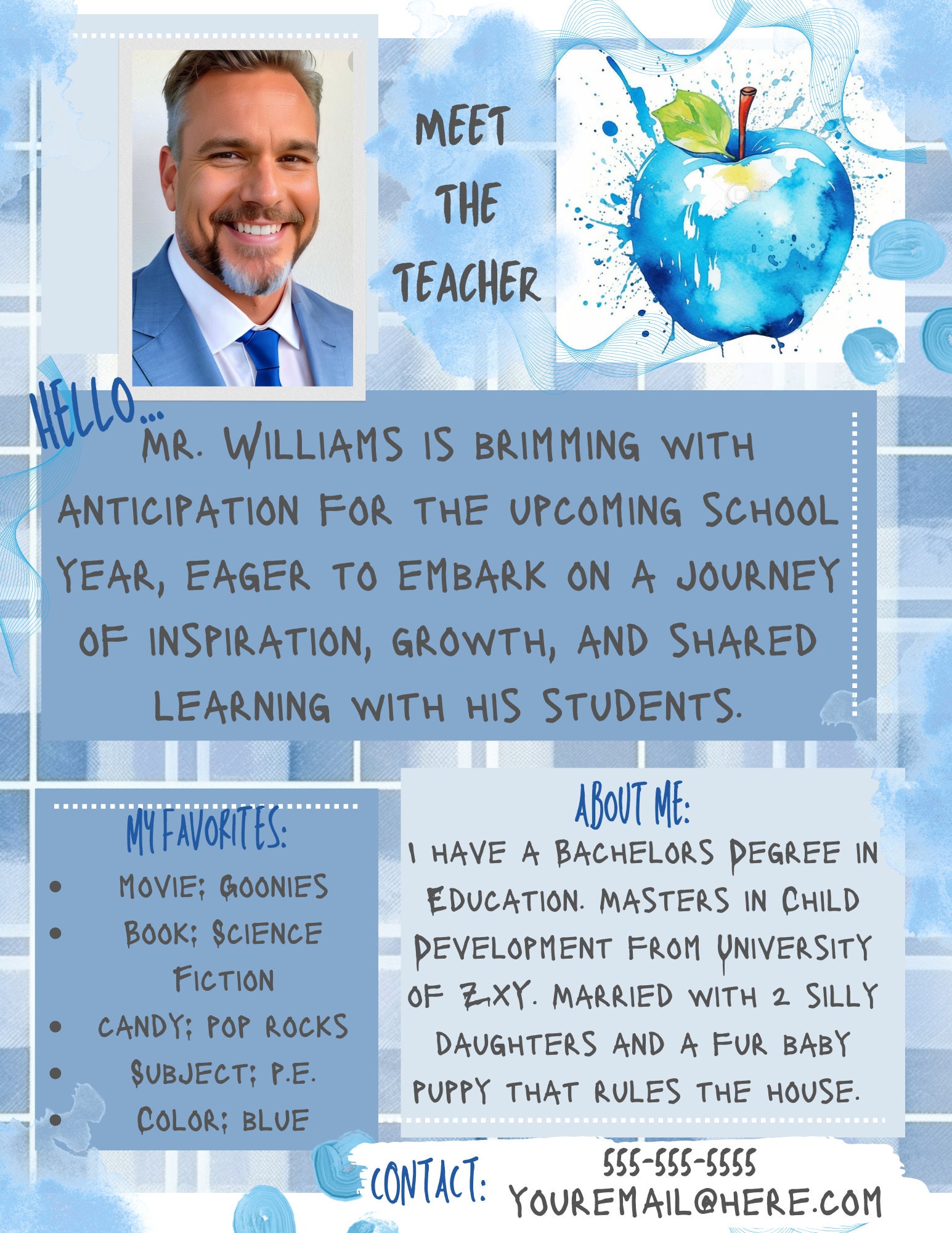 Meet the Teacher MALE Classroom Printable Template, Teacher Intro ...