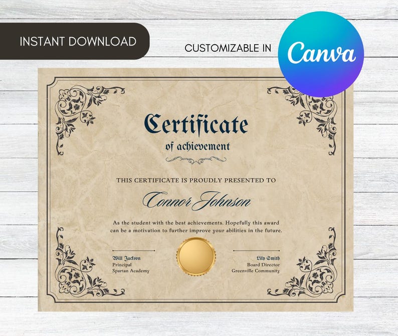 Certificate Template, Editable Diploma, Custom Vintage Gold Certificate ...