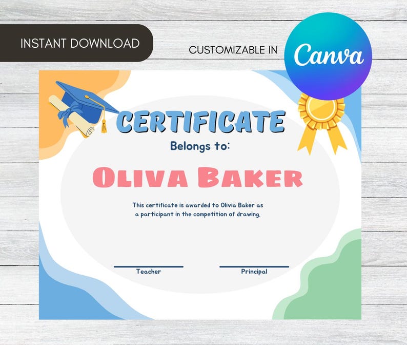 Certificate Template, Editable Class Diploma, Custom Elementary Award ...