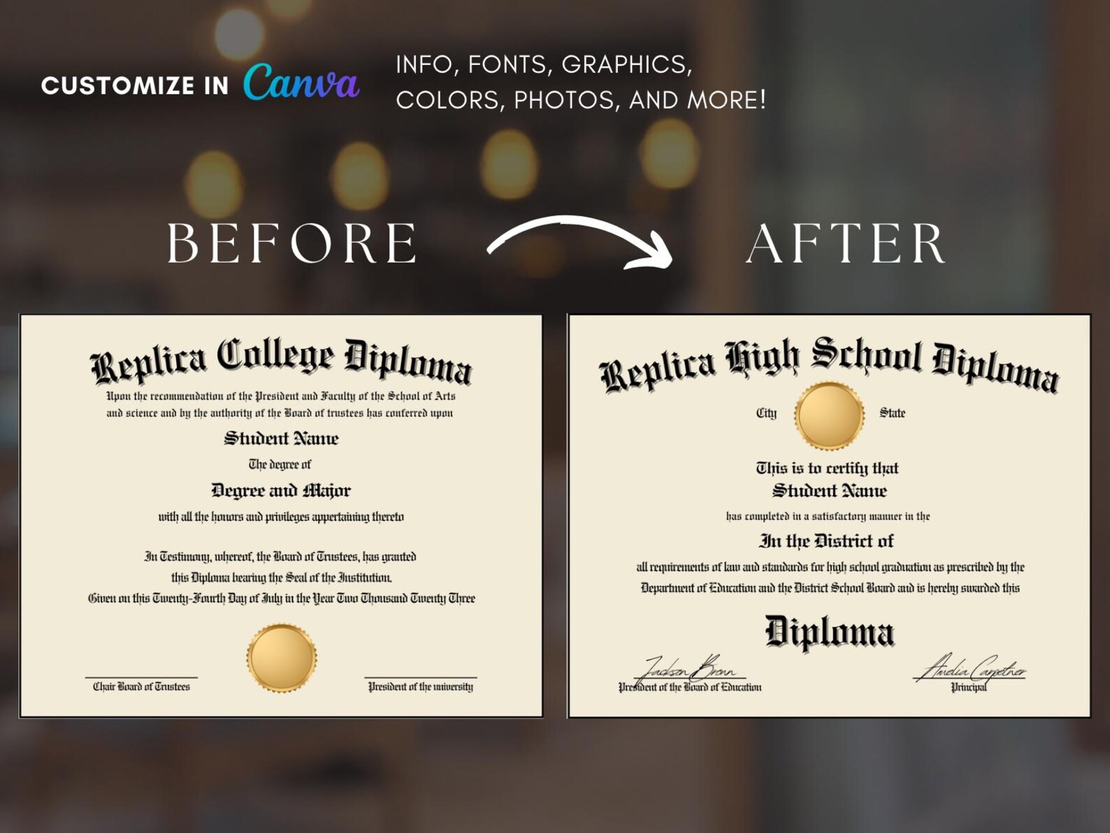 Diploma Template, Editable Diploma Replica, Custom Official Gold ...