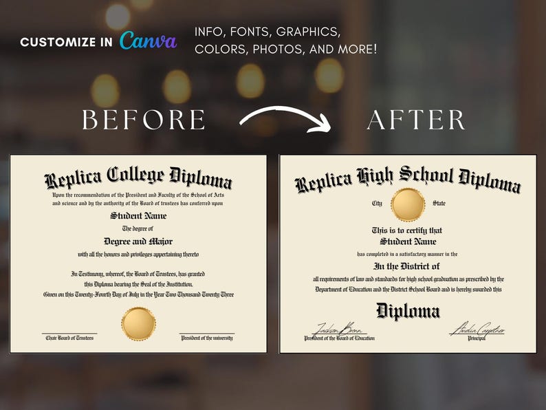 Diploma Template, Editable Diploma Replica, Custom Official Gold ...