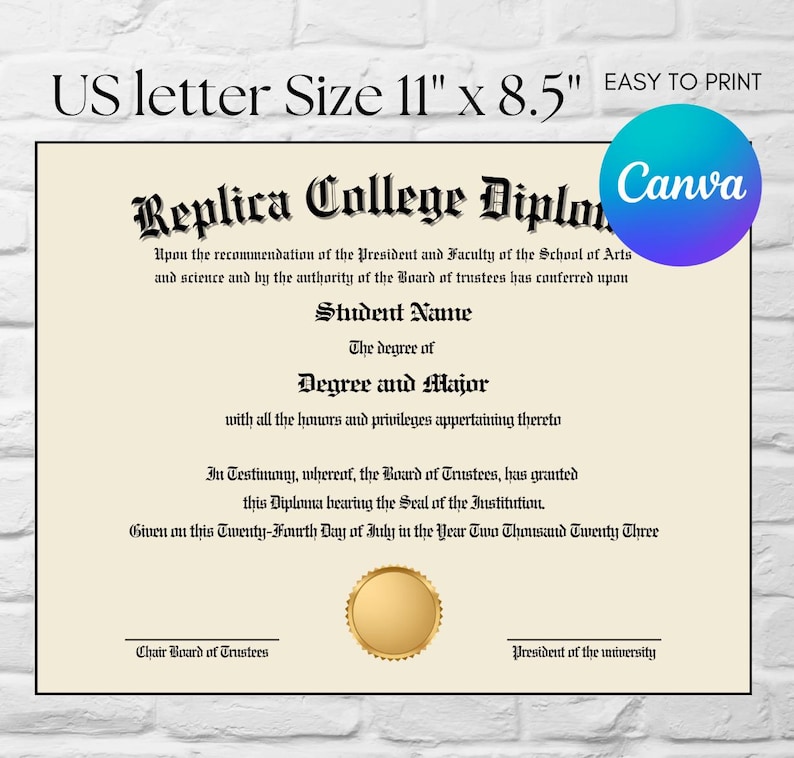 Diploma Template, Editable Diploma Replica, Custom Official Gold ...