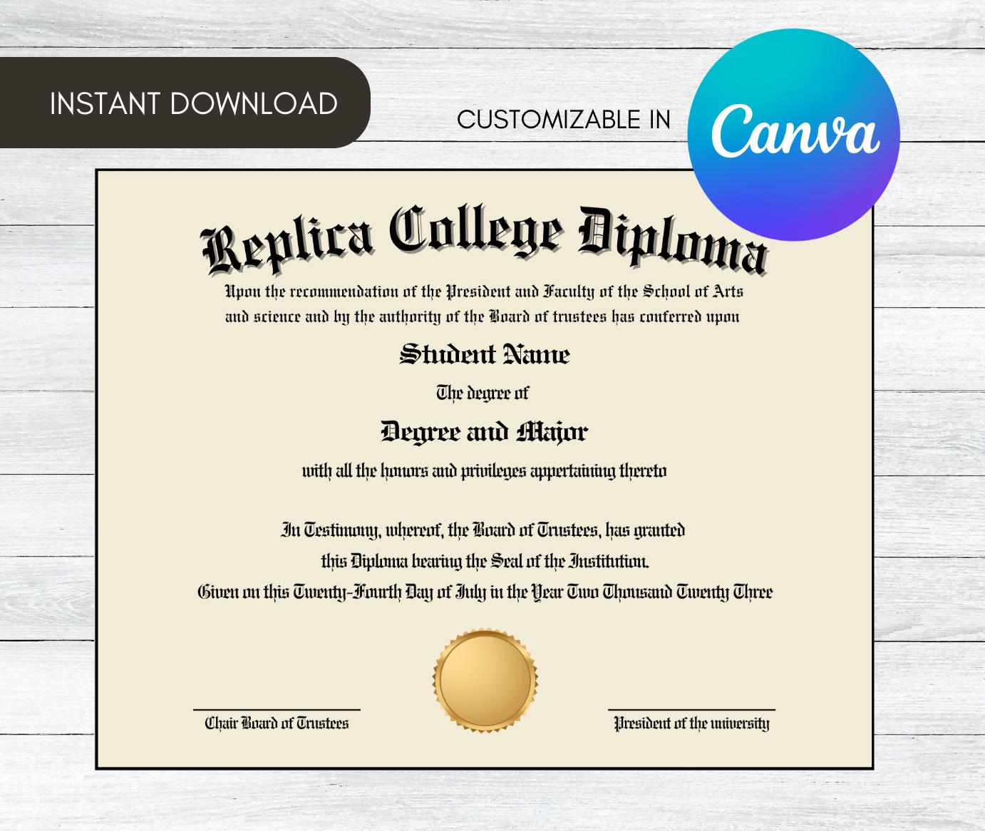 Diploma Template, Editable Diploma Replica, Custom Official Gold ...