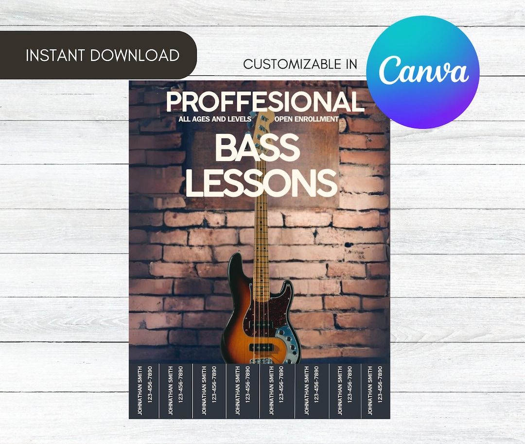 Bass Guitar Lesson Flyer Template, Tear-off Tabs, Editable Bass Lesson ...