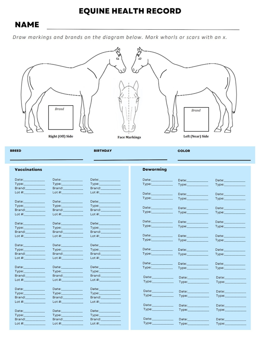 Printable Horse Vaccination and Deworming Record, Pet Care, Horses ...