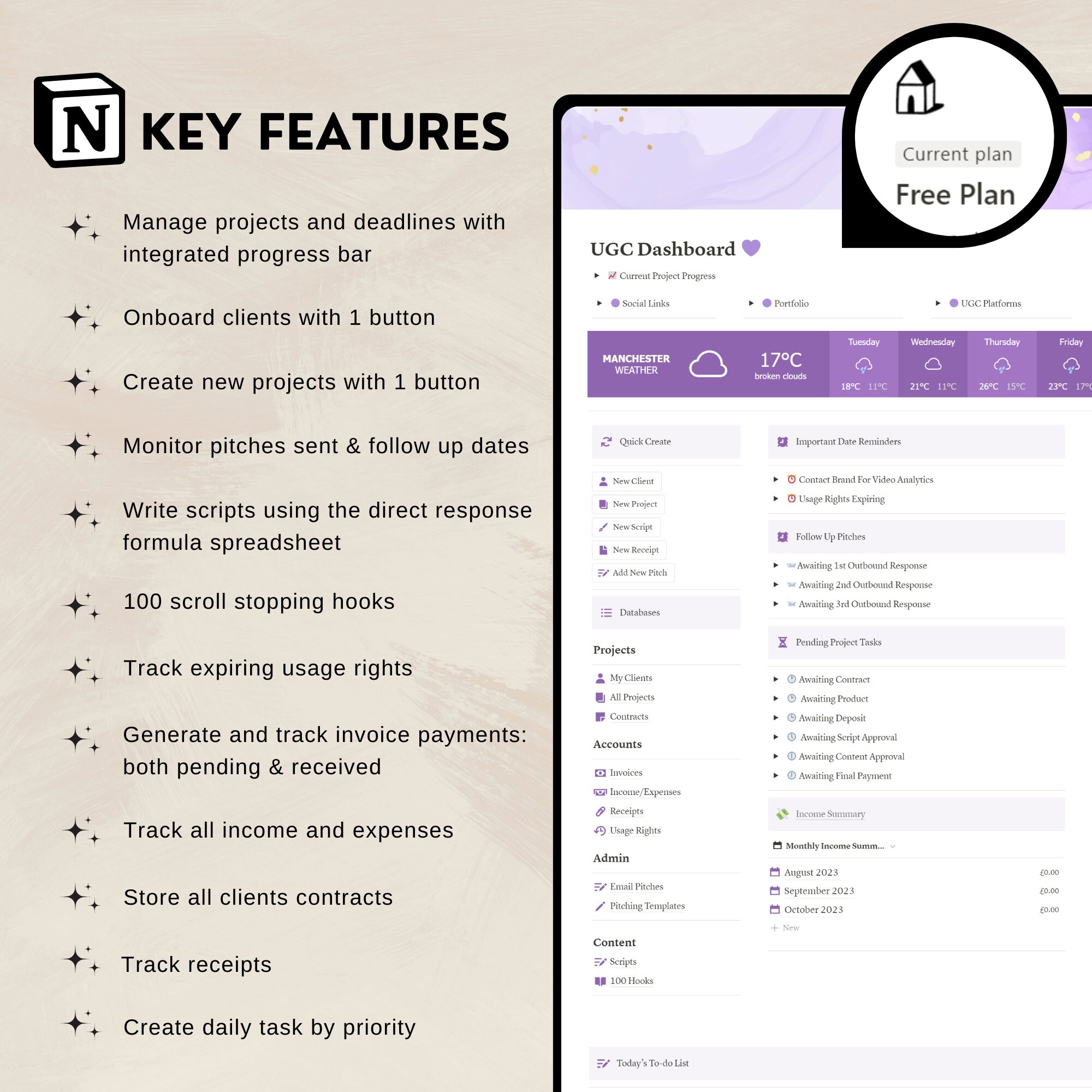 Purple UGC Notion Template Planner for UGC Creators Premium UGC Notion ...