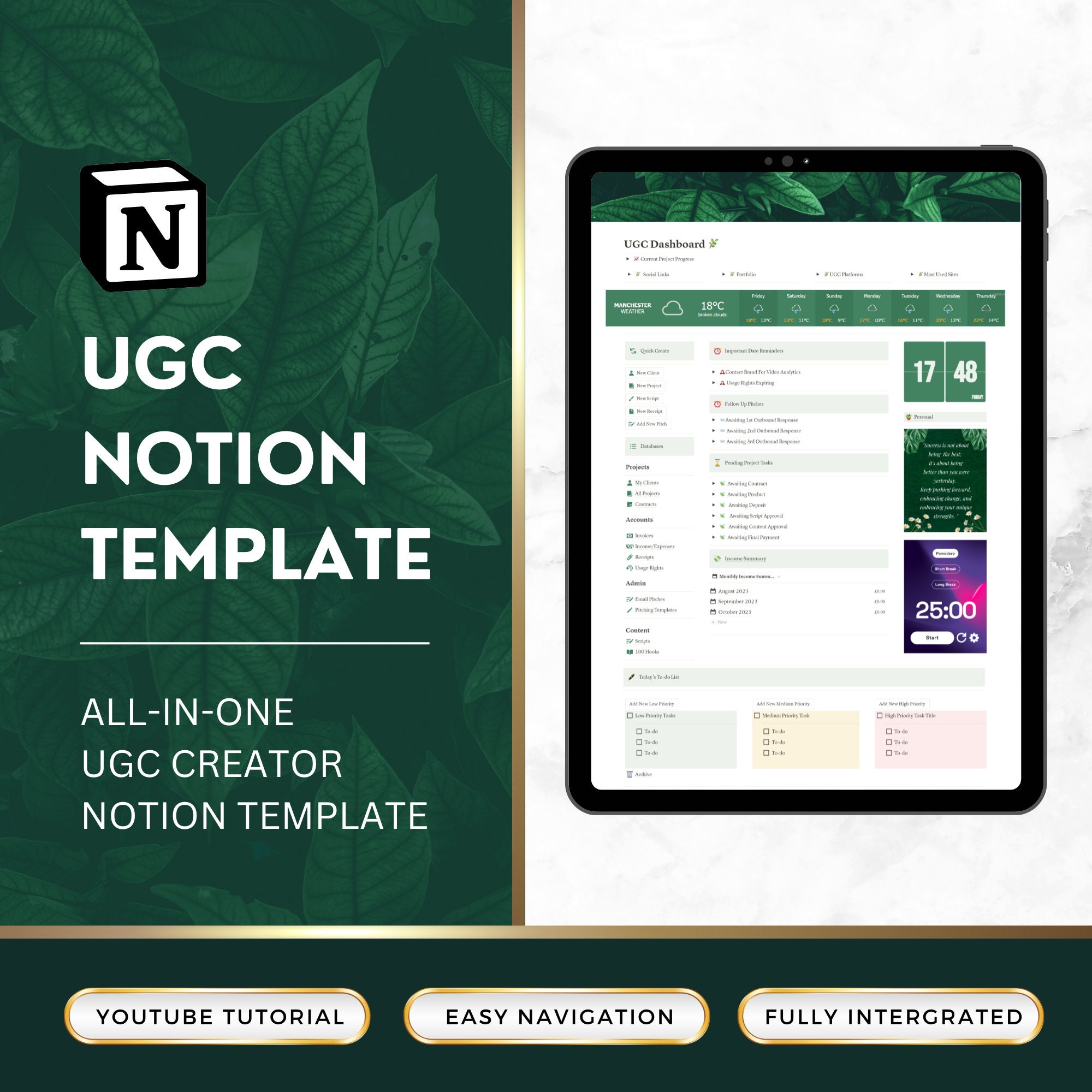 Premium UGC Notion Template Green | UGC Notion Template Planner for UGC ...