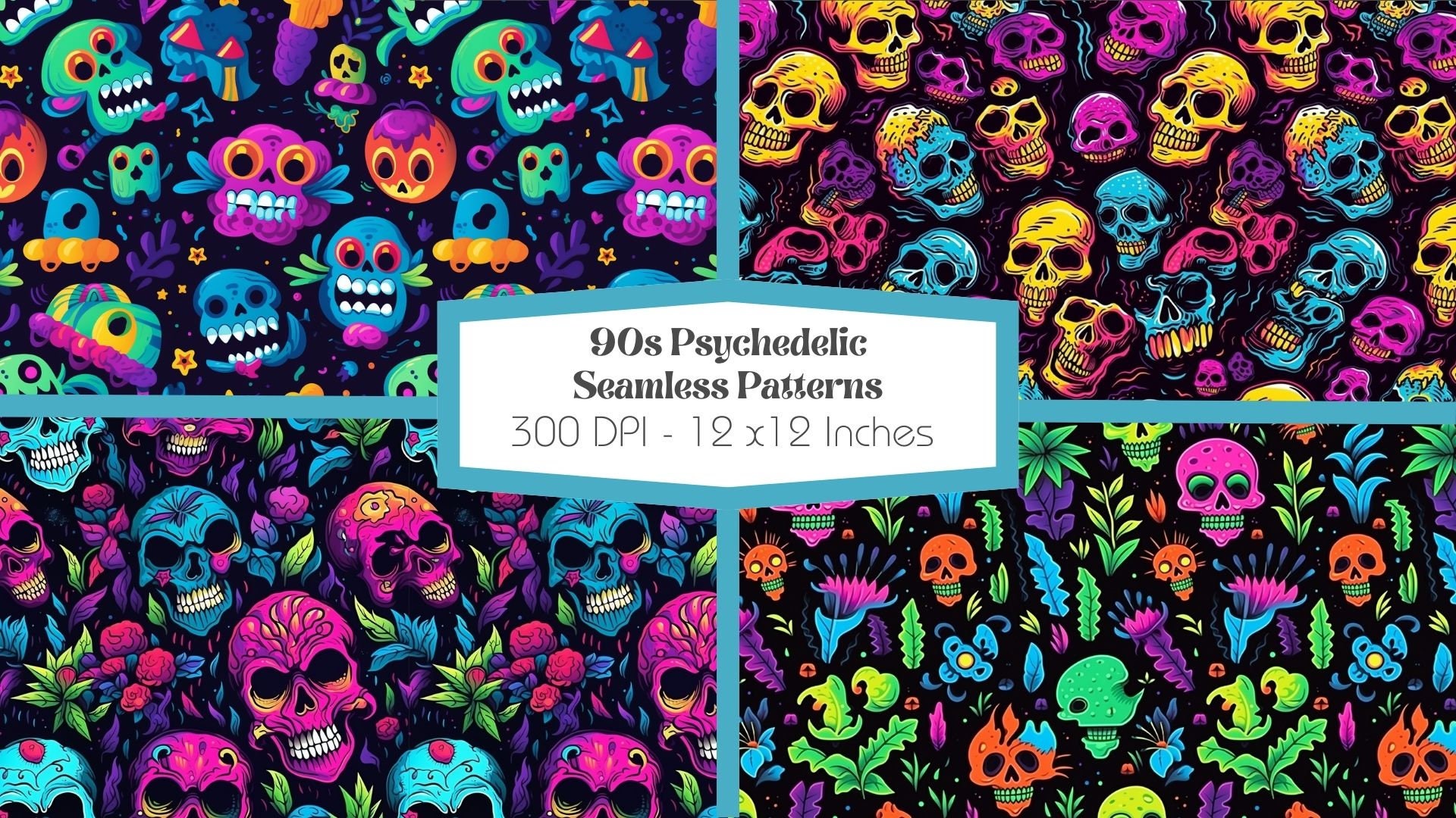 8 90s Psychedelic Seamless Patterns Withs Skulls Perfect for - Etsy