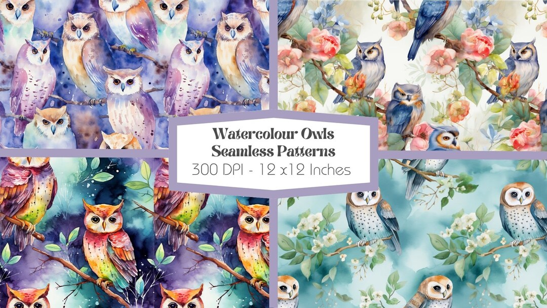 8 Seamless Watercolour Owl Patterns ~ Perfect for Arts and Crafts ...