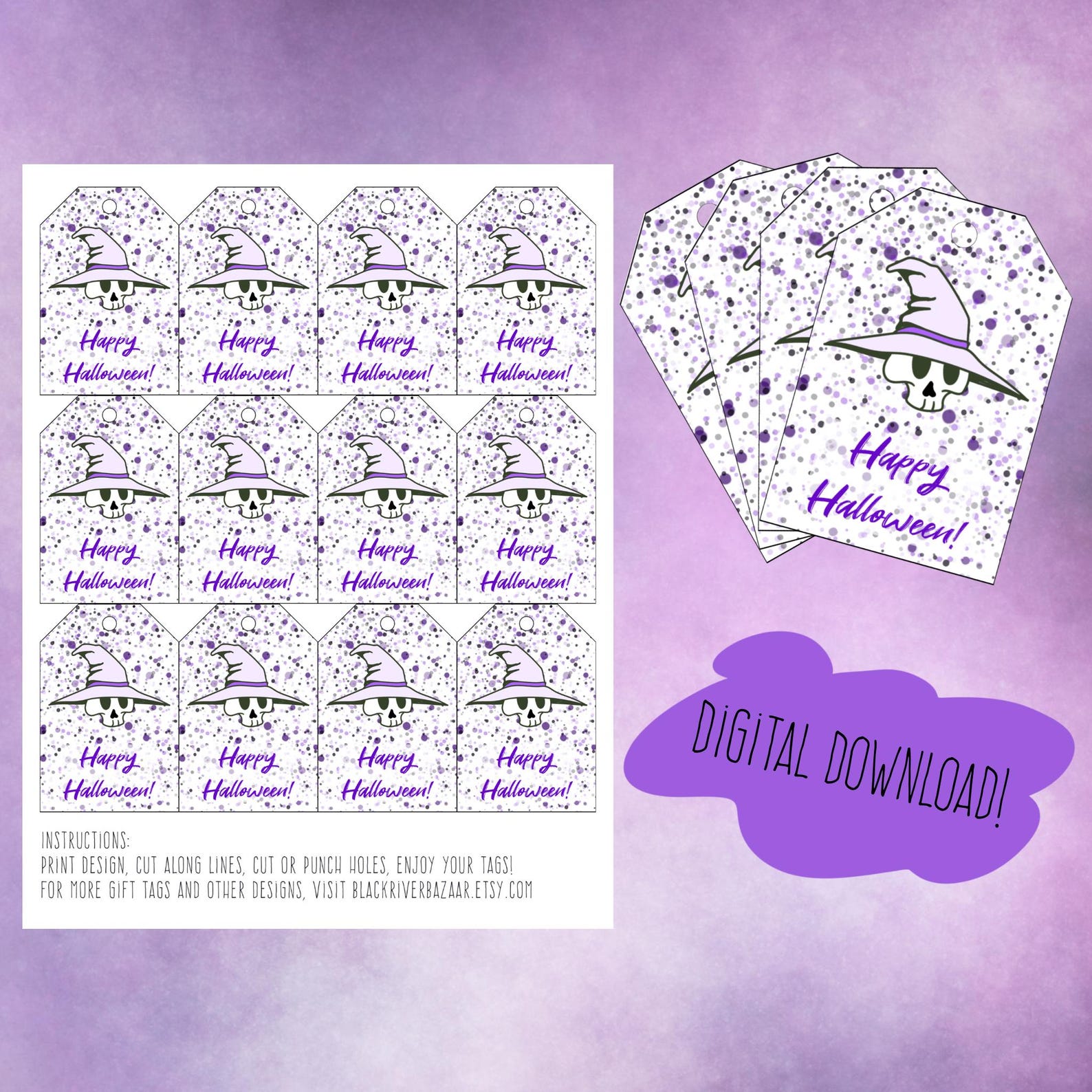 Printable Gift Tags Purple and Black Happy Halloween and Witch Skull ...