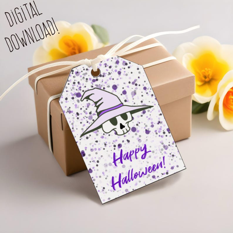 Printable Gift Tags Purple and Black Happy Halloween and Witch Skull ...