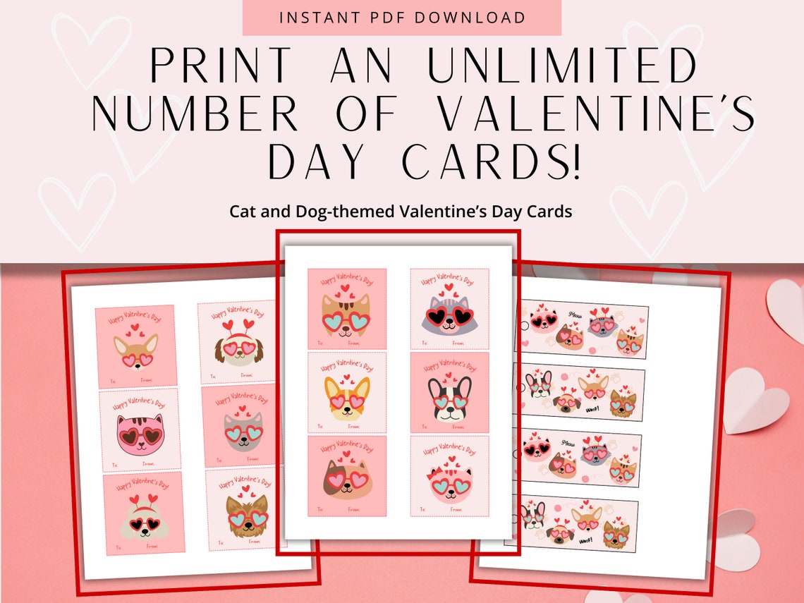 Cats and Dogs Valentine's Day Cards and Bookmarks for Kids, Printable ...