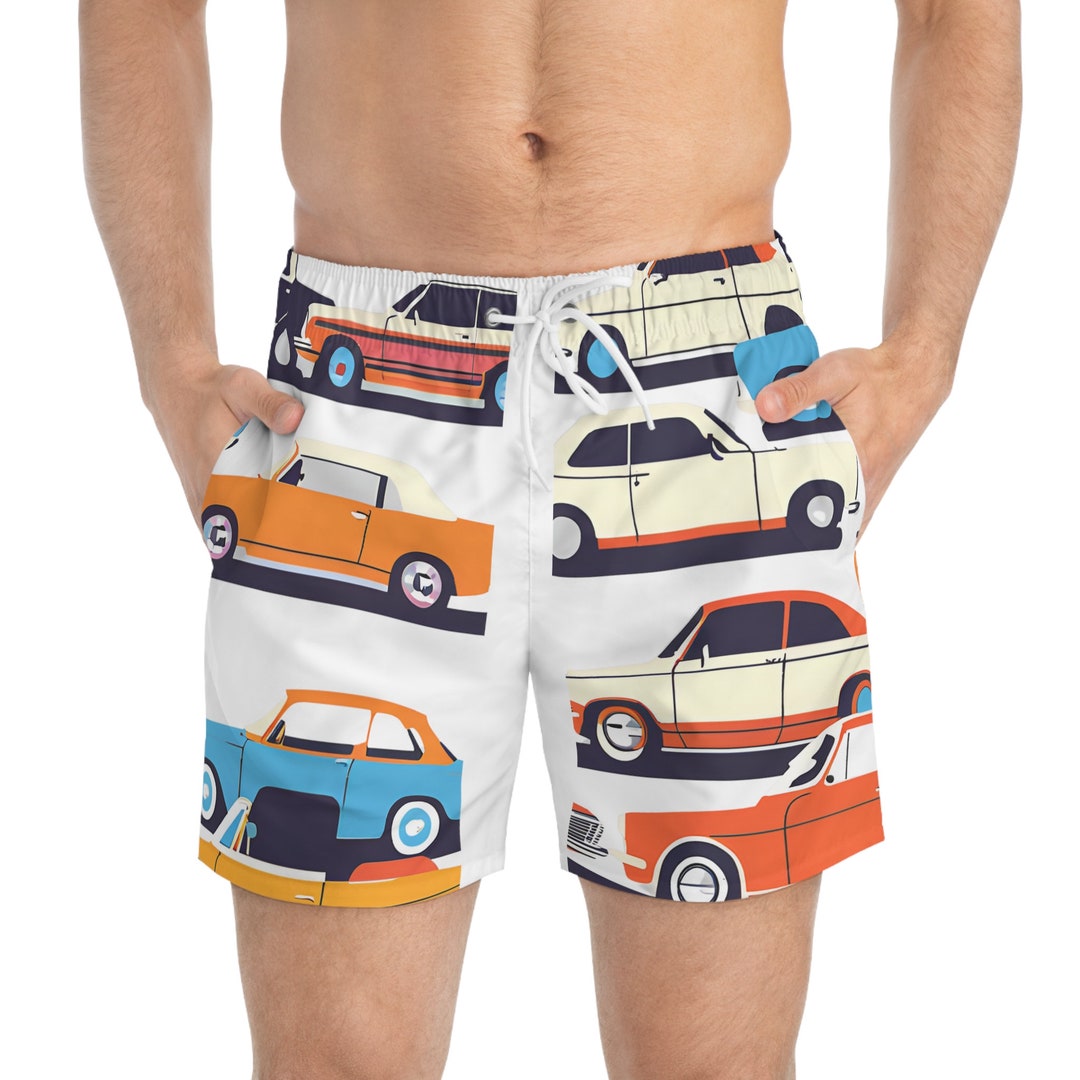 Retro 70s Car Swim Trunks, Vintage Beachwear for Men, Beach Shorts ...