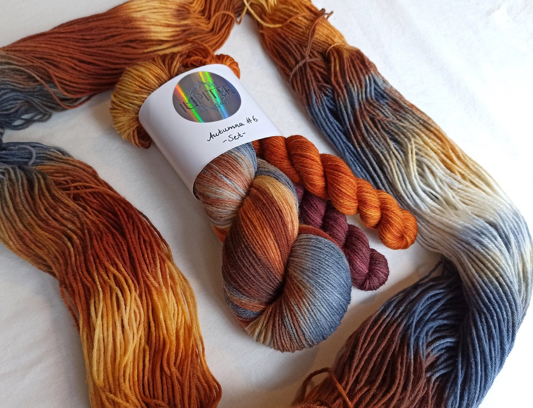 Sock Yarn Set With Minis Merino Superwash Wool Autumn Orange Brown Blue ...