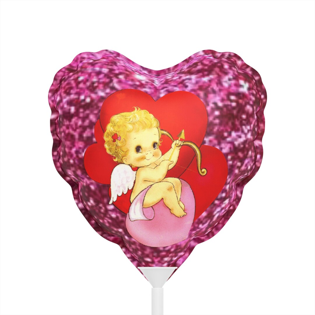 Cute Cupid With Hearts and Glitter Valentine's Balloons (round and ...