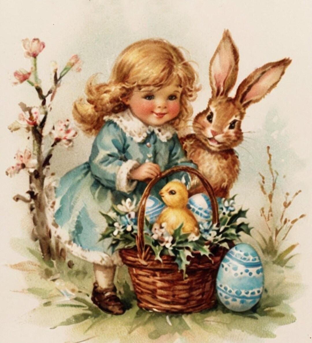 Vintage Cute Girl With Bunny Basket and Baby Chick Easter Ostara Cut ...