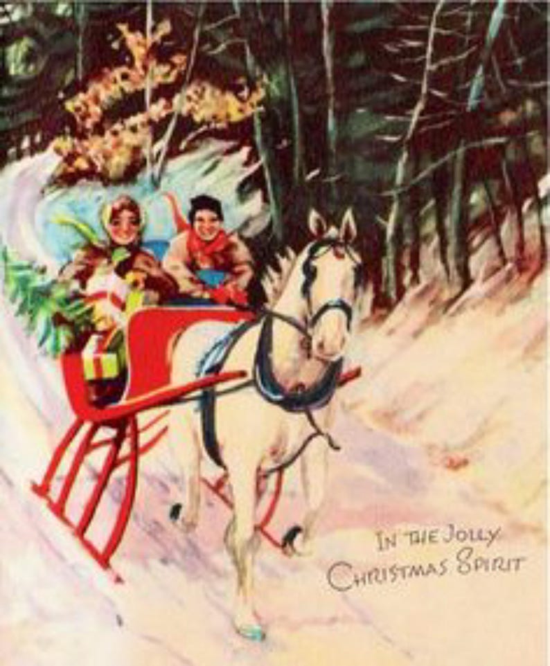 Vintage in the Jolly Christmas Spirit Snowy One Horse Open Sleigh and ...