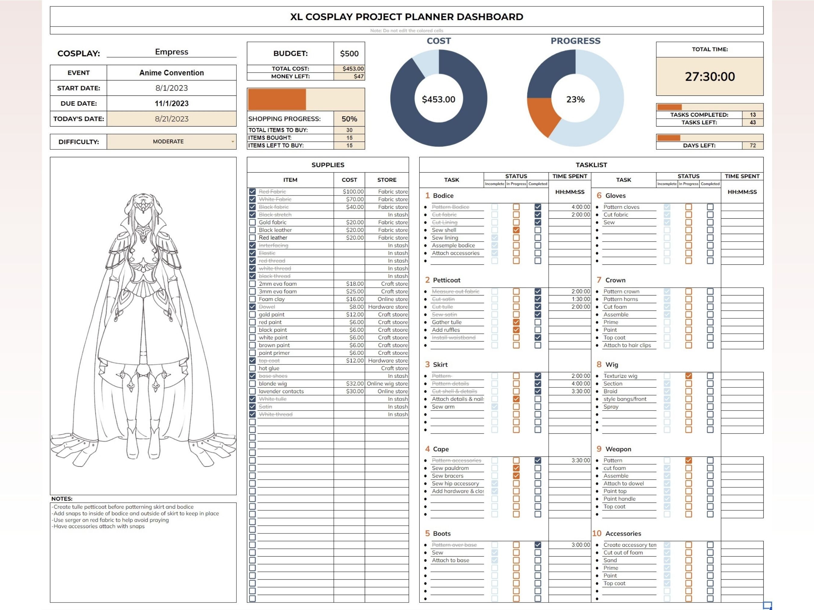 The XL Cosplay Project Planner Dashboard Google Sheets Template Cosplay ...