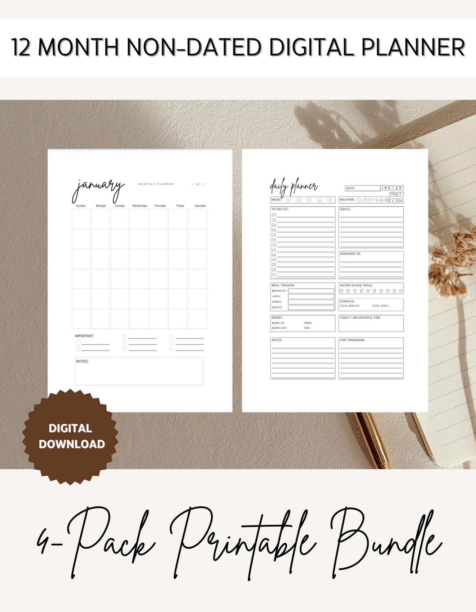 Simple Annual Digital Planner, Non-dated Calendar, Monthly, Weekly and ...