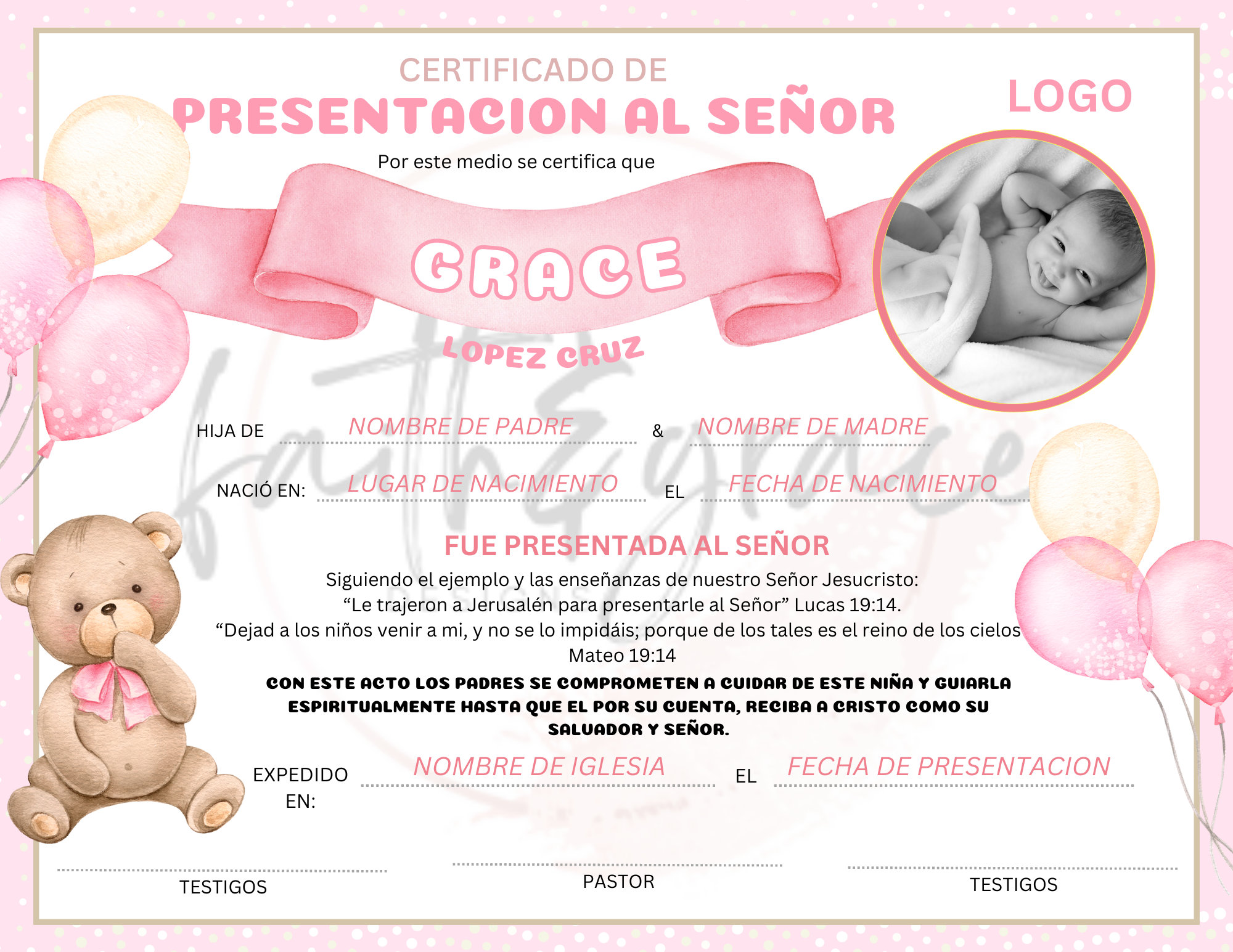 Certificado De Presentacion Al Senor