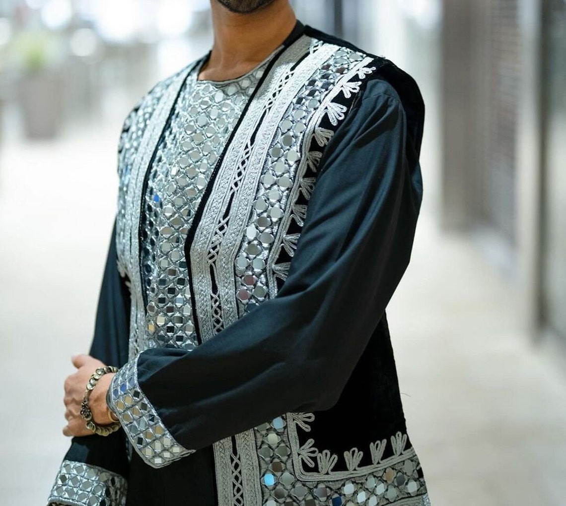 Traditional Afghan Mens Clothes W/ Mirror Dozi Embroidery Design, Black ...