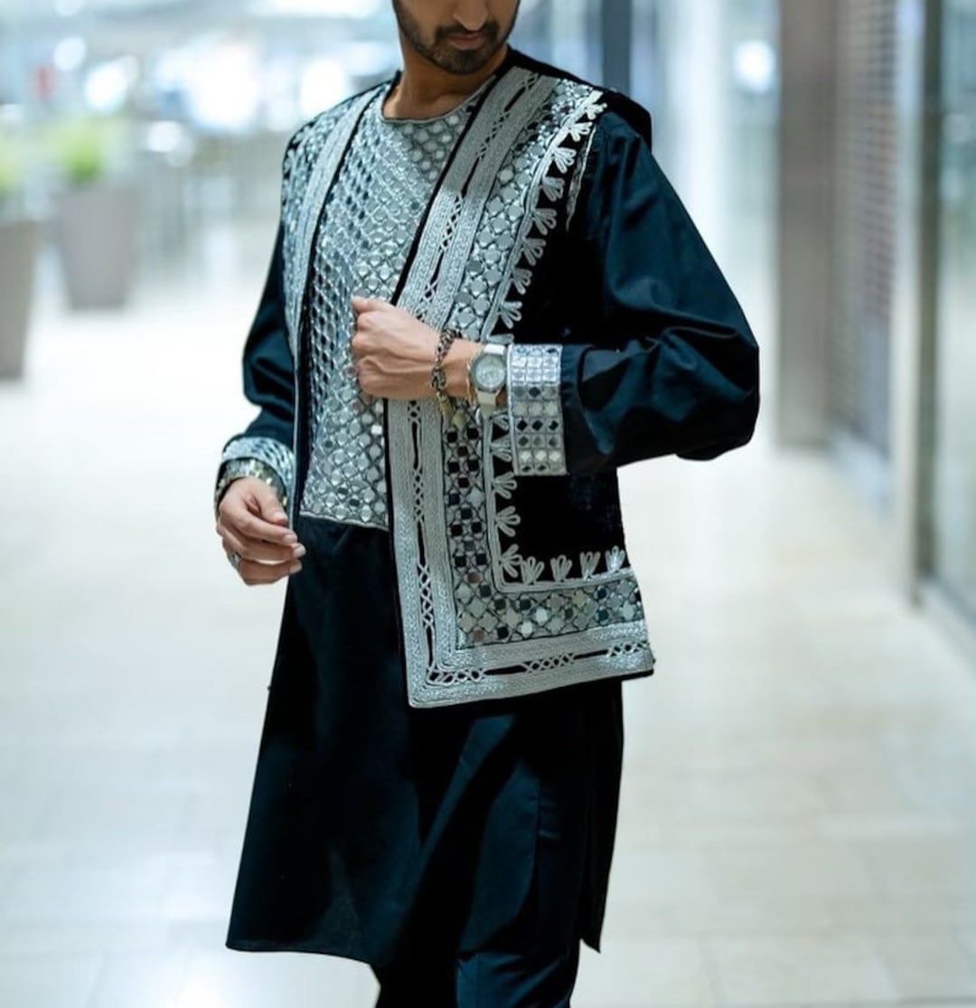 Traditional Afghan Mens Clothes W/ Mirror Dozi Embroidery Design, Black Waistcoat and Shalwar ...