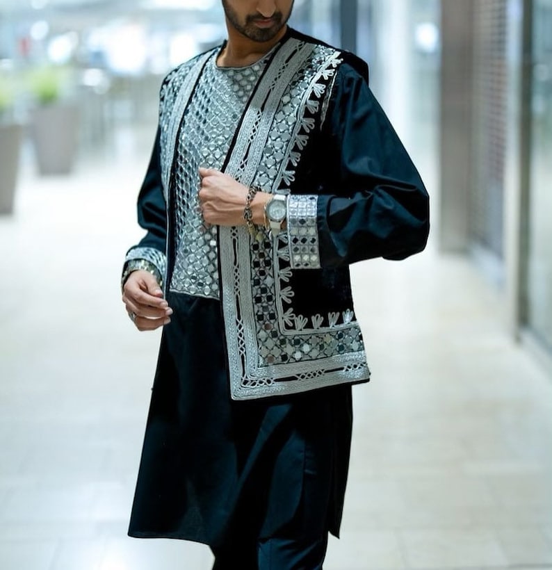 Traditional Afghan Mens Clothes W/ Mirror Dozi Embroidery Design, Black ...