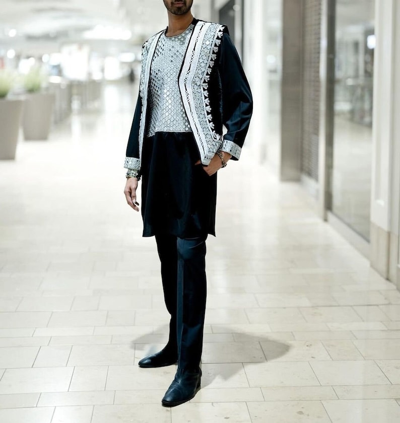 Traditional Afghan Mens Clothes W/ Mirror Dozi Embroidery Design, Black ...