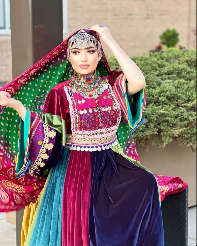 Exquisite Afghan Multicolor Velvet Dress With Handmade Coins and ...