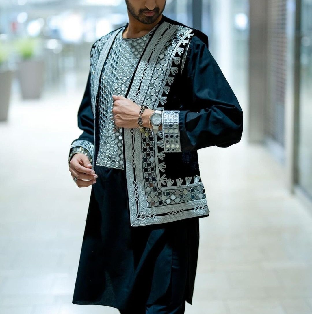 Traditional Afghan Mens Clothes W/ Mirror Dozi Embroidery Design, Black ...