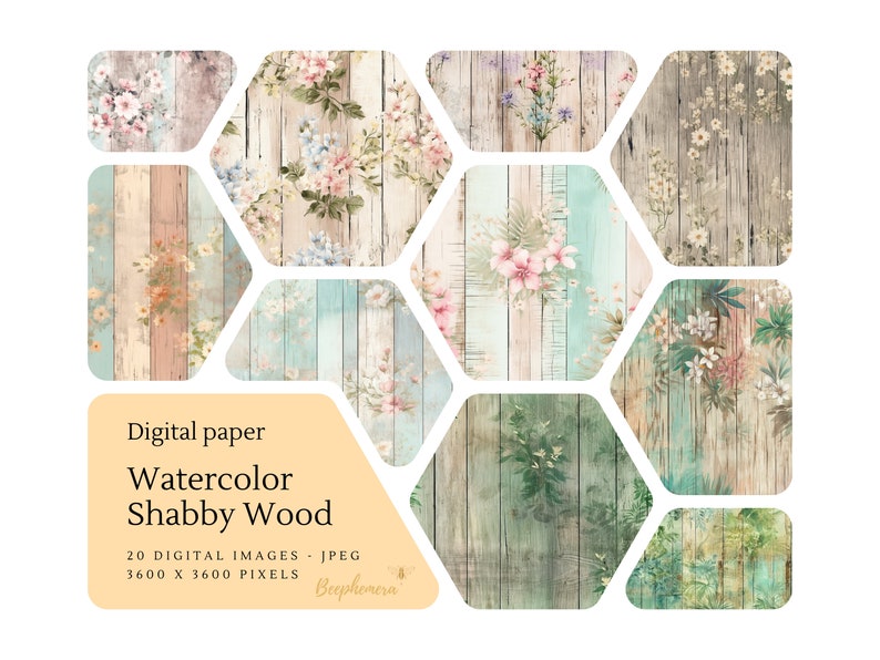 Shabby Wood Textures Digital Paper, Seamless Floral Rustic Wood Digital ...