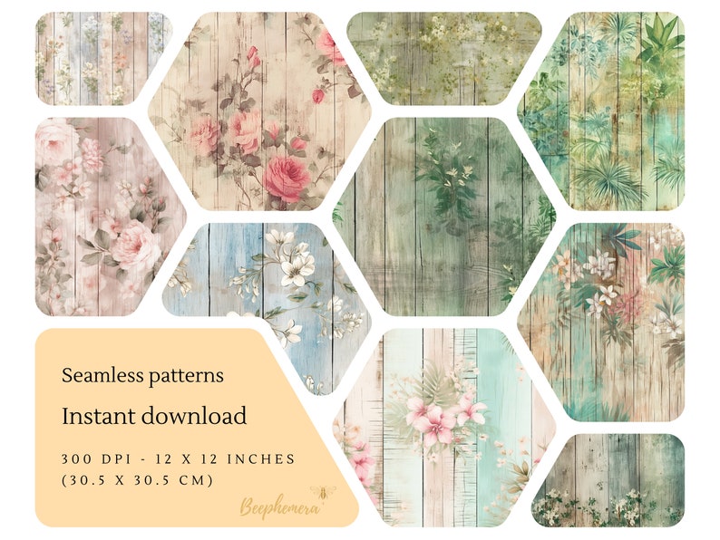 Shabby Wood Textures Digital Paper, Seamless Floral Rustic Wood Digital ...