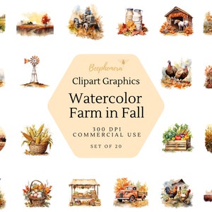 Watercolor Farm in Fall Clipart Farmhouse Country Autumn Clip Art , PNG ...