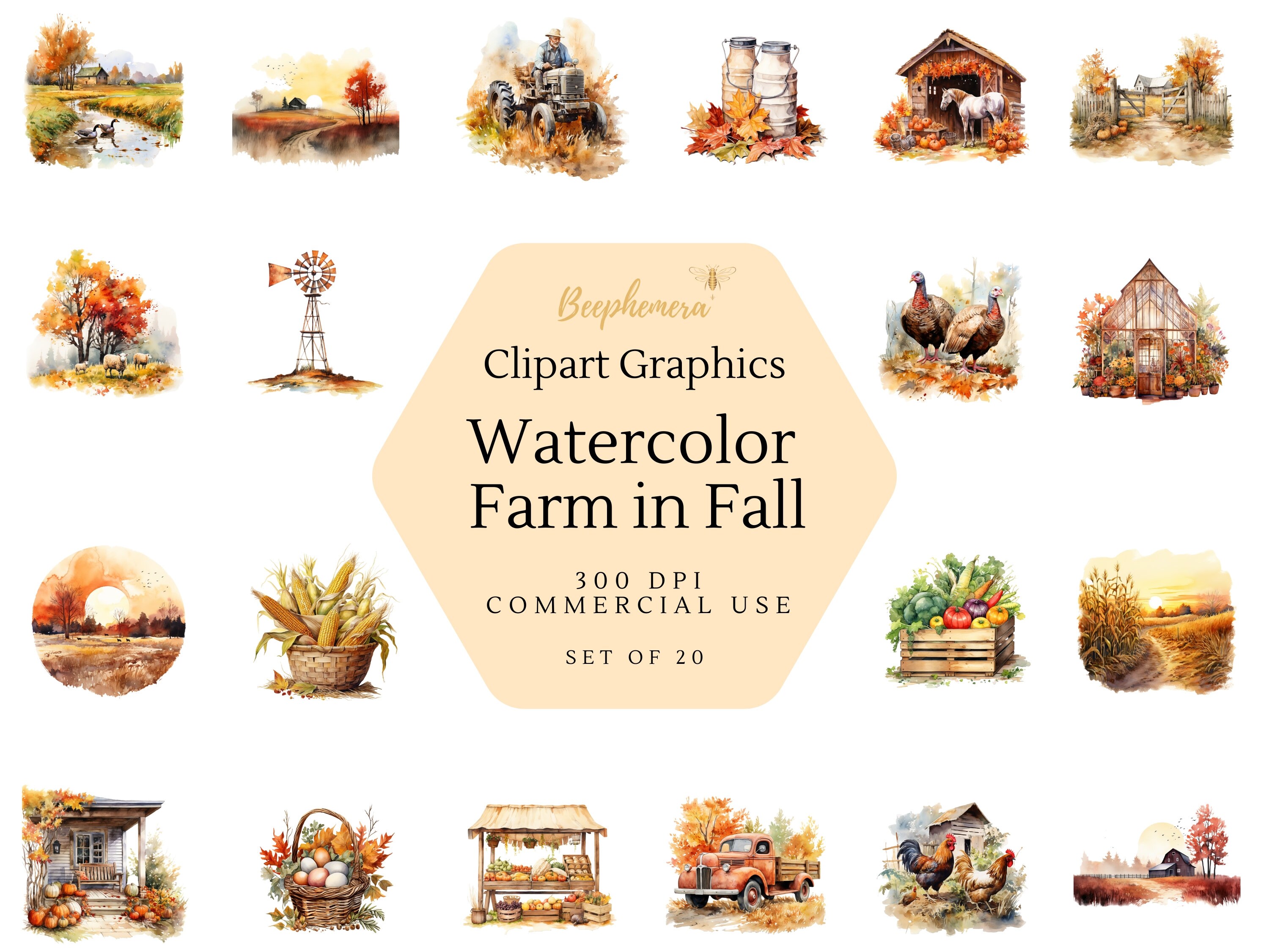 Watercolor Farm in Fall Clipart Farmhouse Country Autumn - Etsy